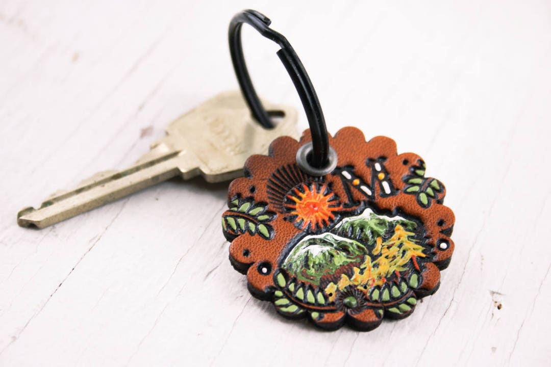 Custom Initial Leather Key Fob: Hand-painted Mountain Scene - Etsy