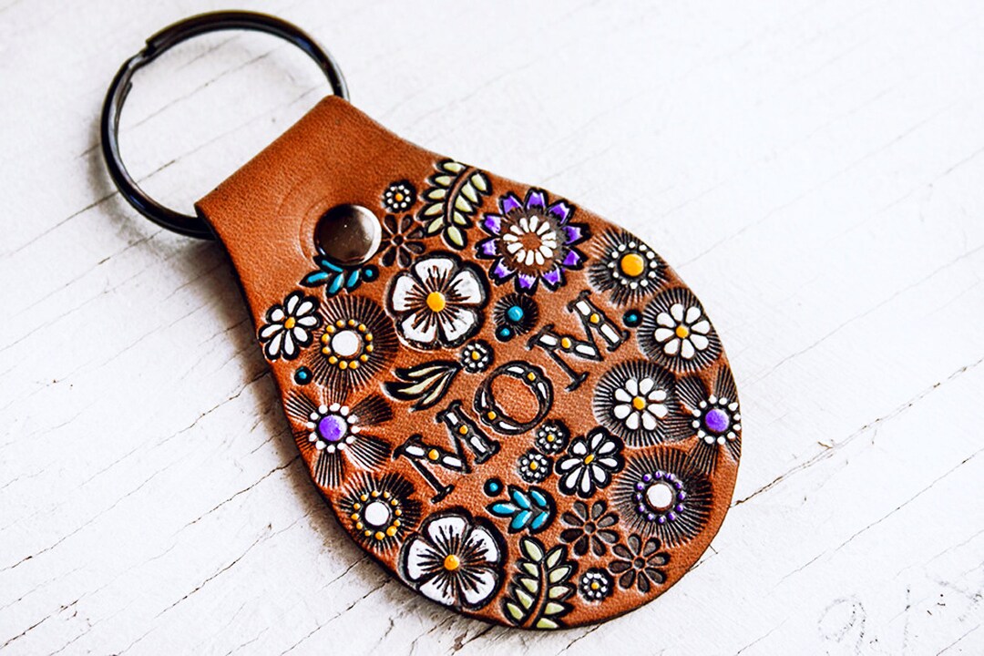 MOM Leather Key Ring - Floral Pattern - MUM - Hand Painted and Hand ...