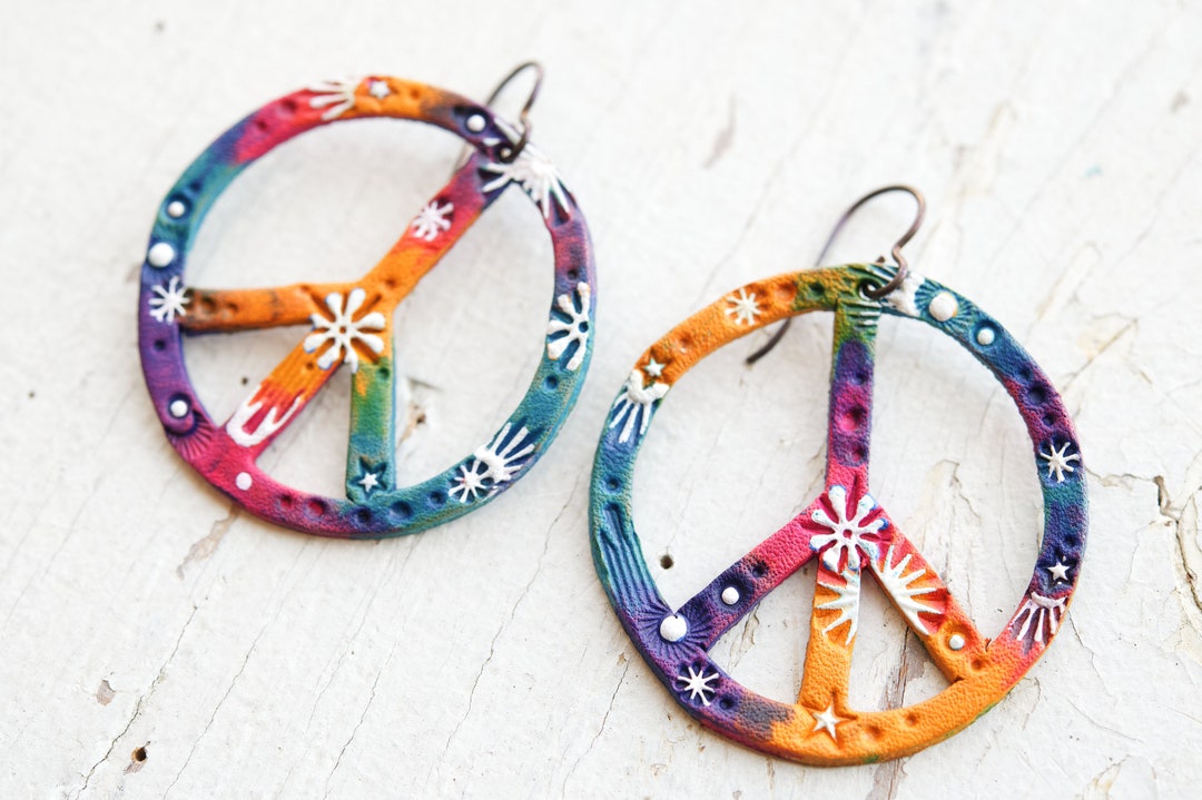 Handpainted Leather Peace Sign Earrings: Galaxy Tie Dye Hippie Dangles ...