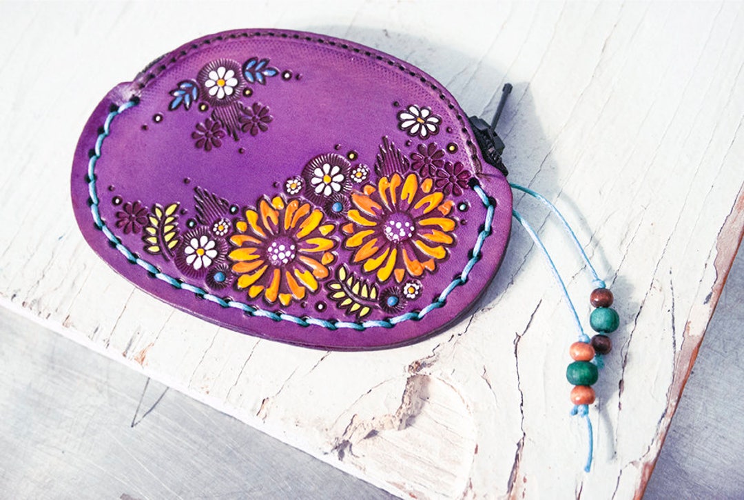 Custom Leather Coin Purse - Sunflowers and Daisies - Pick Your Thread ...