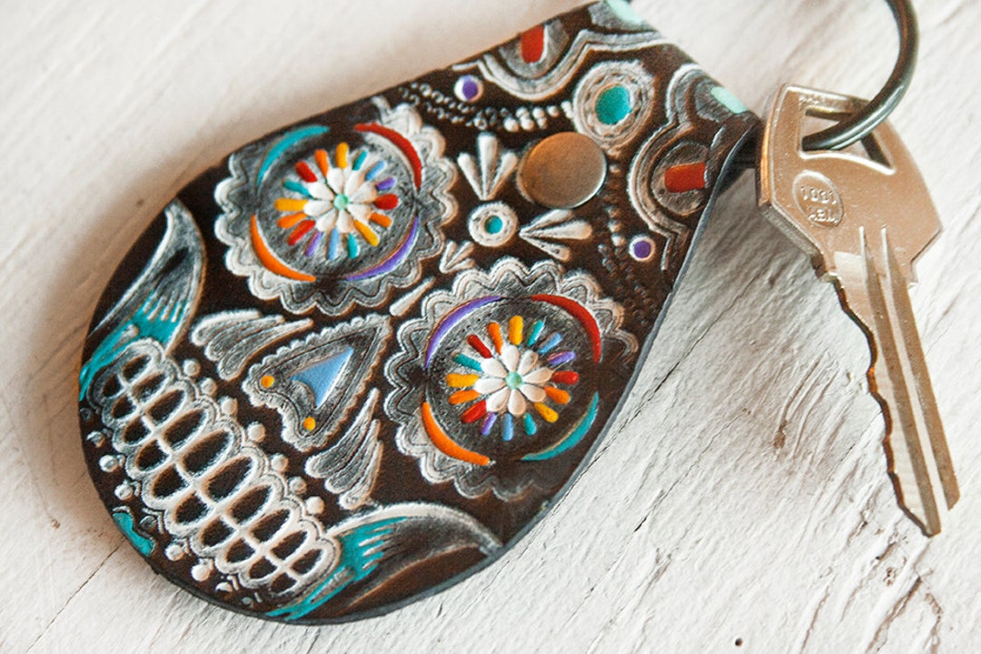 Sugar Skull Keychain Black Leather Version Painted and Hand Stamped Día ...