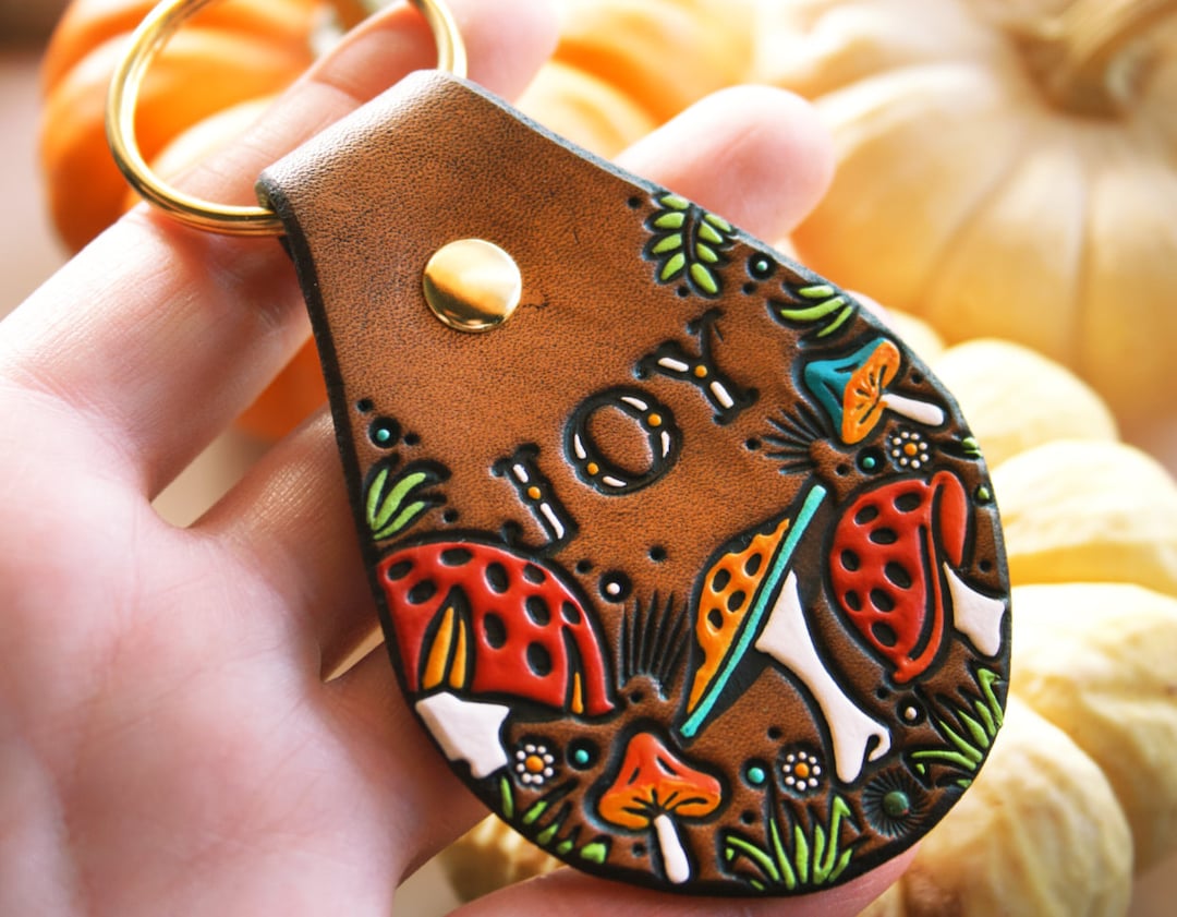 Custom Initial Leather Key Fob - Mushrooms and Daisies Keychain - Hand ...