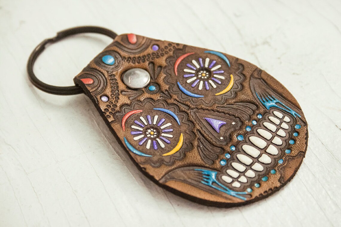 Sugar Skull Leather Keychain Día De Los Muertos Day of the - Etsy