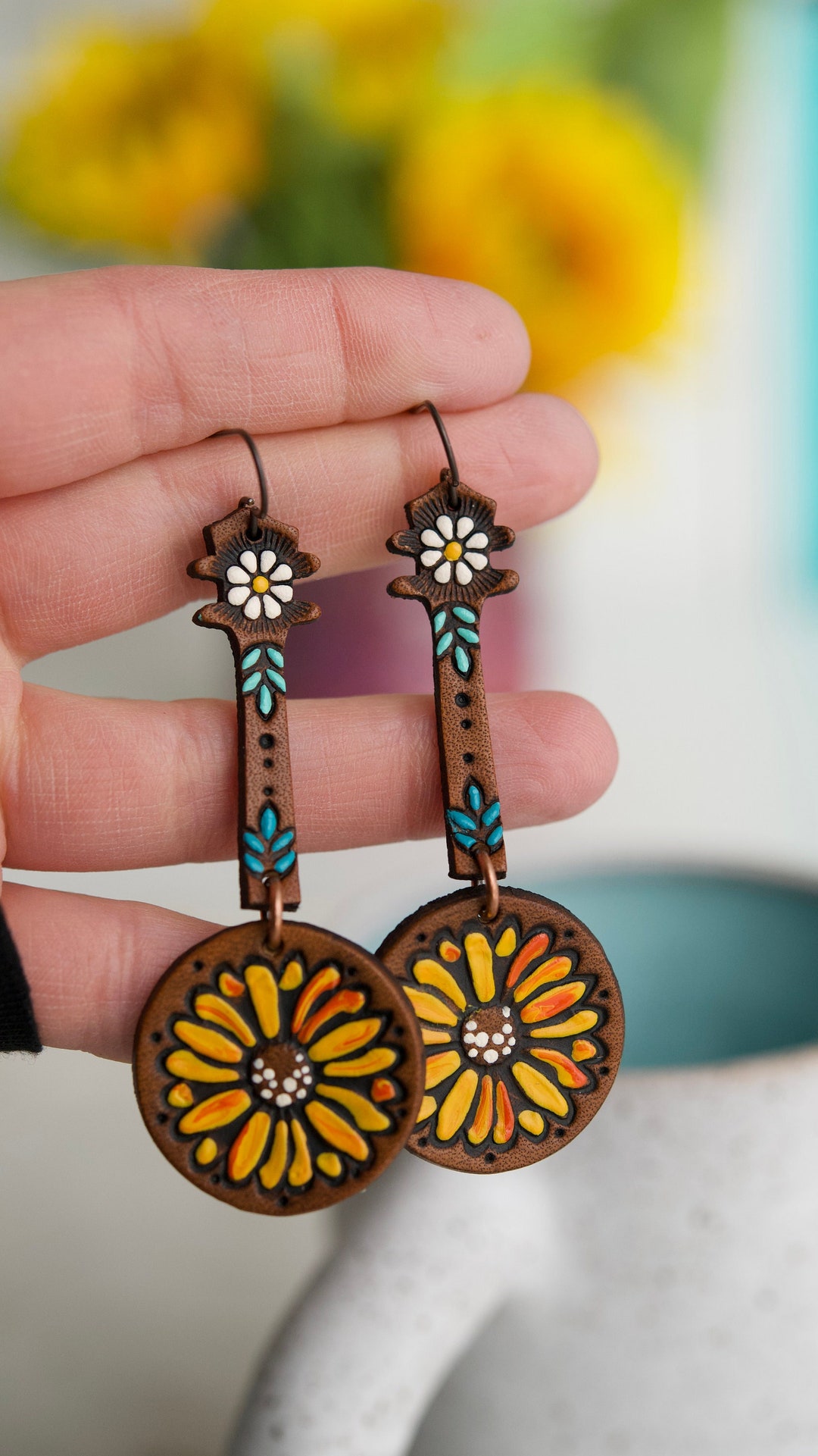 Sunflower Banjo Leather Earrings - Hand Painted Dangle Earrings by Mesa ...