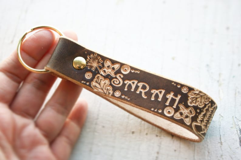 Leather Keychain Oak and Pine Trees Acorns Dandelions - Etsy