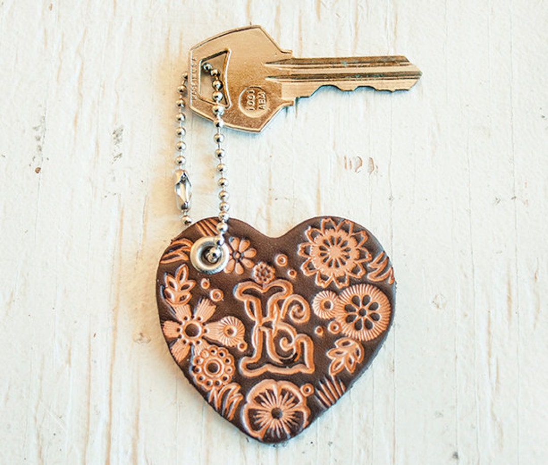 Custom Initial Leather Key Fob Natural Woodland Floral Pattern Heart ...