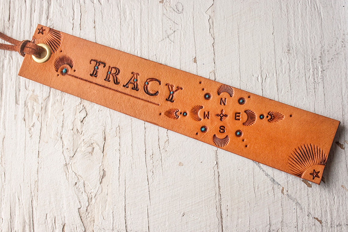 Leather Bookmark - Compass Rose - Custom Name Stamped, Tooled, Stained ...