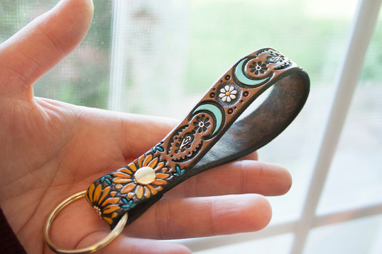 Leather Key Ring Sunflowers Daisies and Moons Turquoise - Etsy