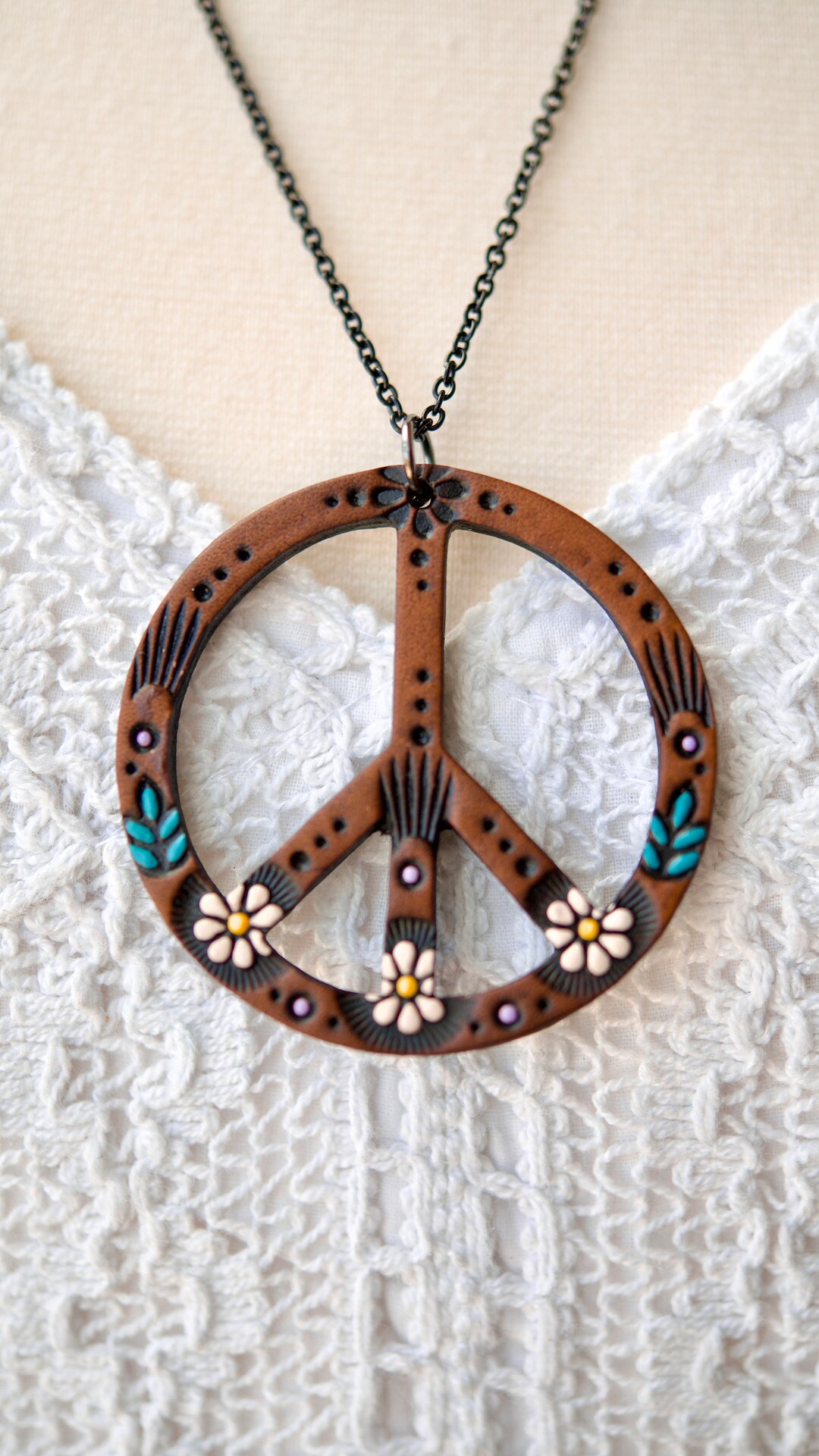 Daisy Peace Sign Leather Pendant - Necklace - Handmade and Painted to ...