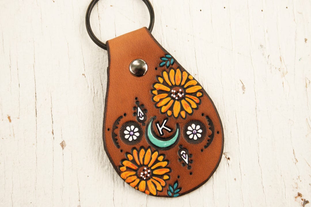 Custom Initial Leather Key Ring: Hand-painted Sunflowers & Moon - Etsy