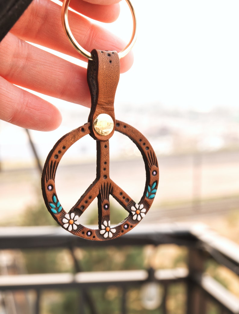 Leather Keychain Peace Sign and Daisy key fob Handmade to | Etsy