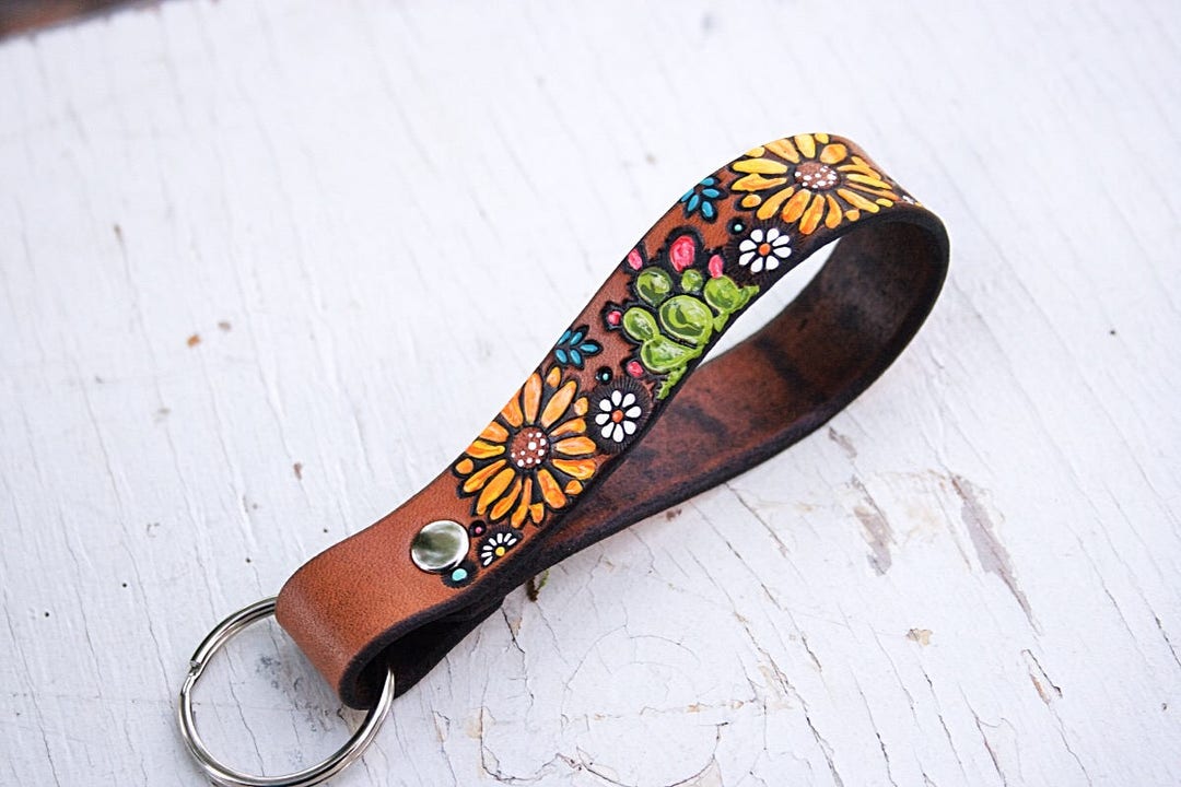 Handmade Leather Key Fob: Southwestern Cactus, Sunflower Design - Etsy
