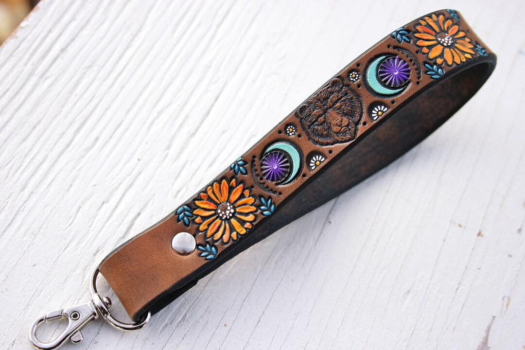 Hand Painted Leather Camera Wrist Strap: Bear, Moon, Sunflower Design ...