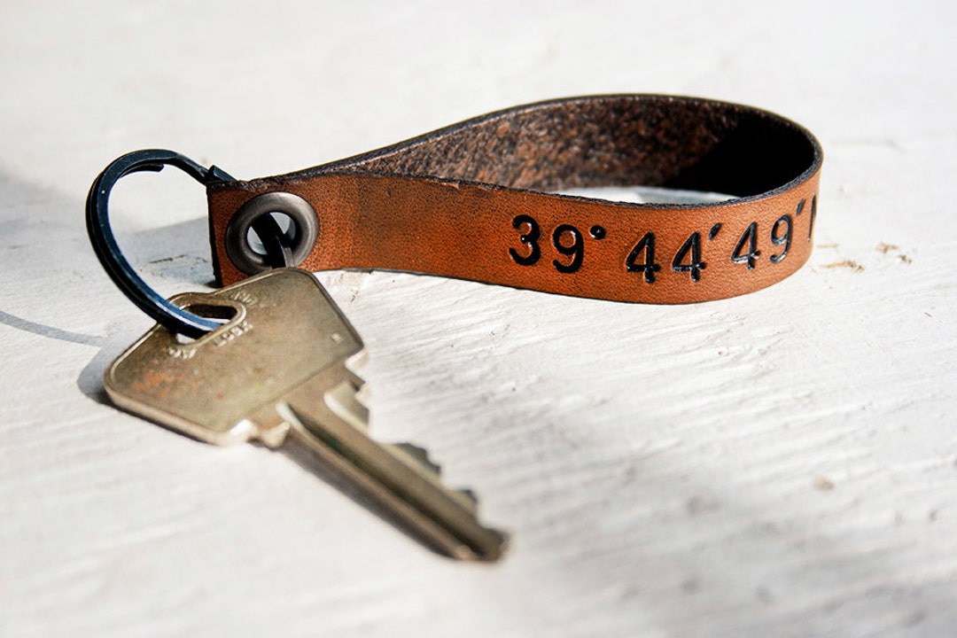 Latitude and Longitude Leather Keychain - GPS Coordinates - Loop ...