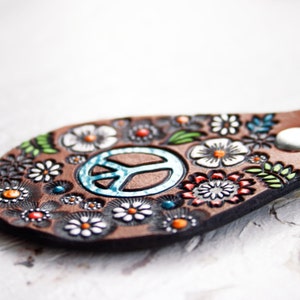 Peace Sign Floral Leather Key Ring - Hand Painted and Hand Stamped ...