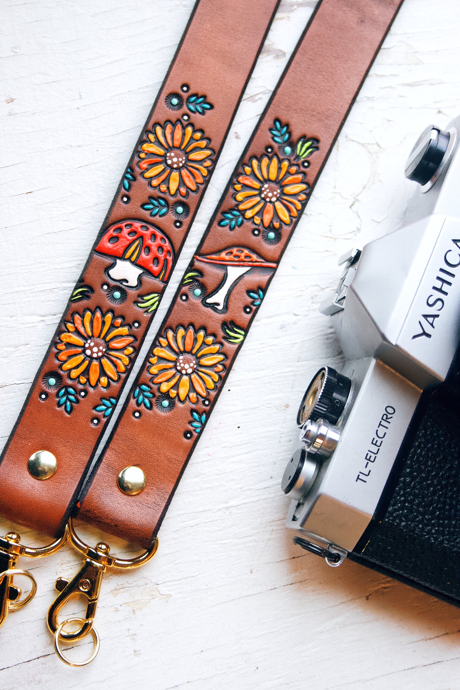 Custom Leather Camera Strap Mushrooms and Sunflowers - Etsy