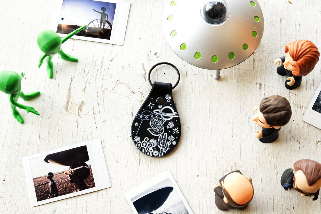 Custom Initial Leather Key Fob - UFO, Alien, Planets, Cactus and ...