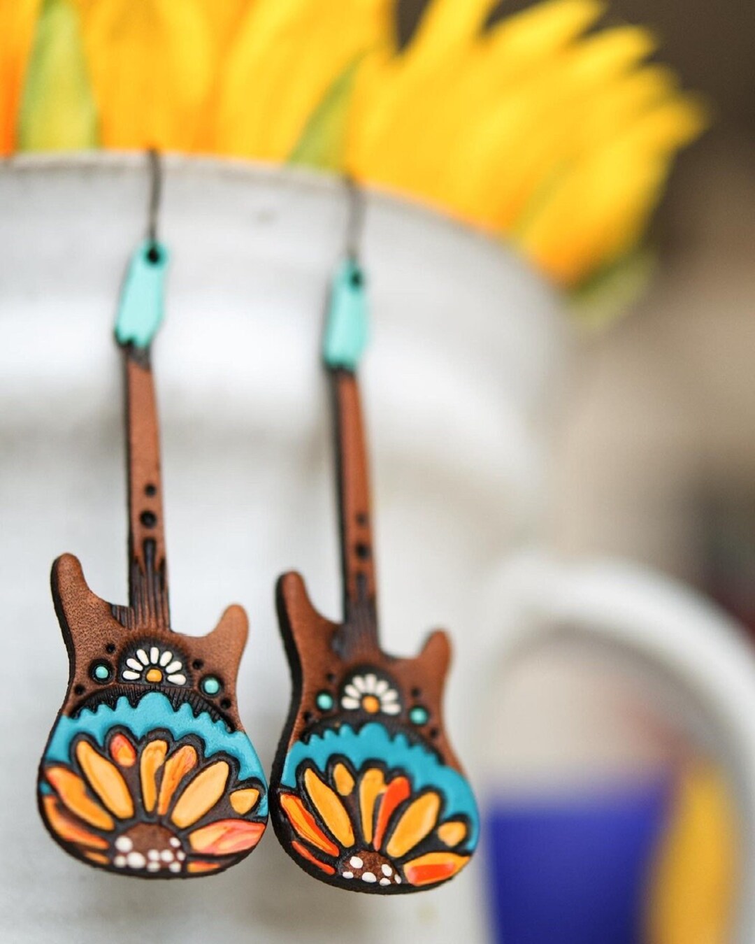 Electric Guitar Earrings - Sunflower and Daisy - Handmade and Painted ...