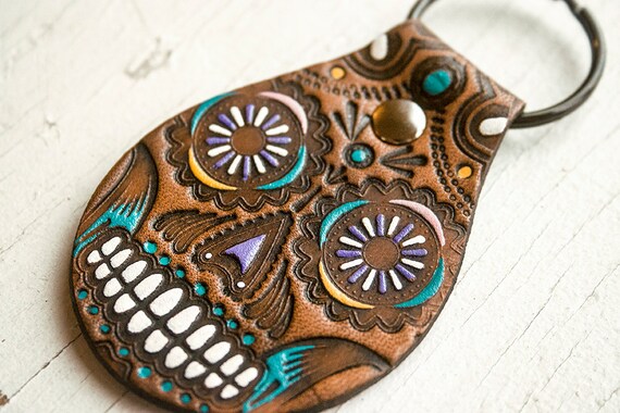 Sugar Skull Leather Keychain Día De Los Muertos Day of the - Etsy