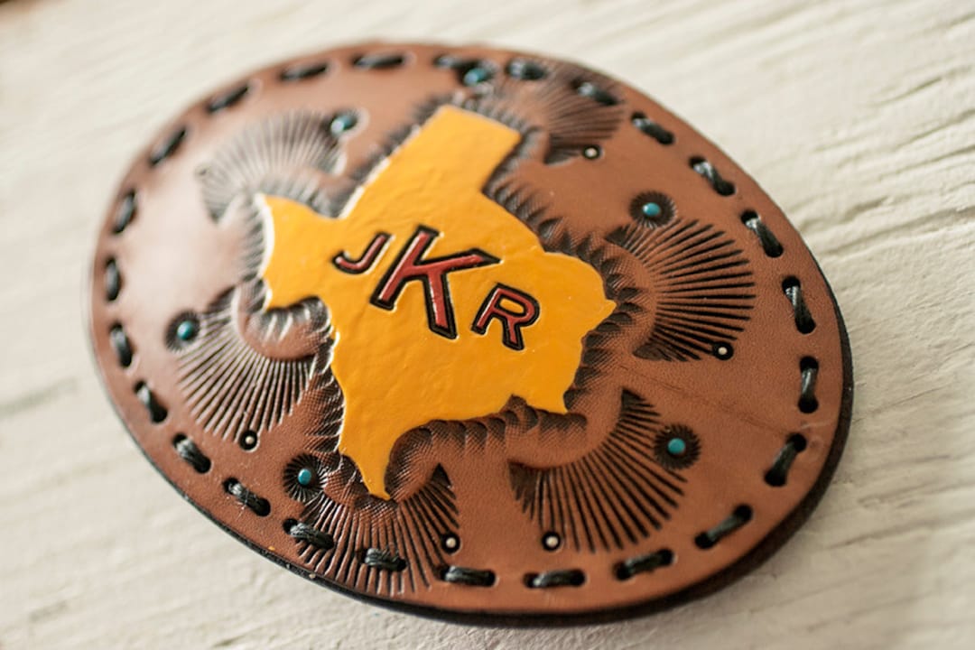 Custom Leather State Belt Buckle: Hand Tooled Oval Buckle - Etsy