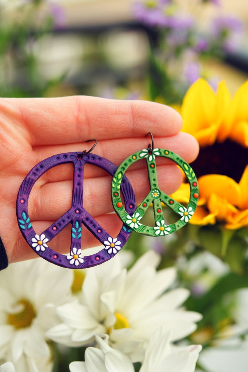 Spring Green Daisy Peace Sign Leather Earrings Hippie Flower | Etsy