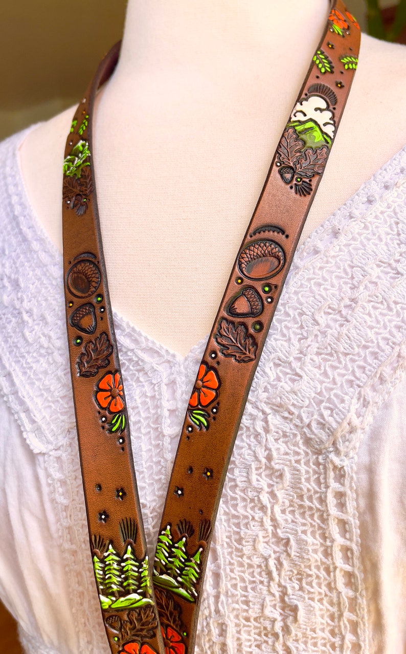Custom Leather Lanyard: Mountains, Trees, Poppies - Personalized Badge ...