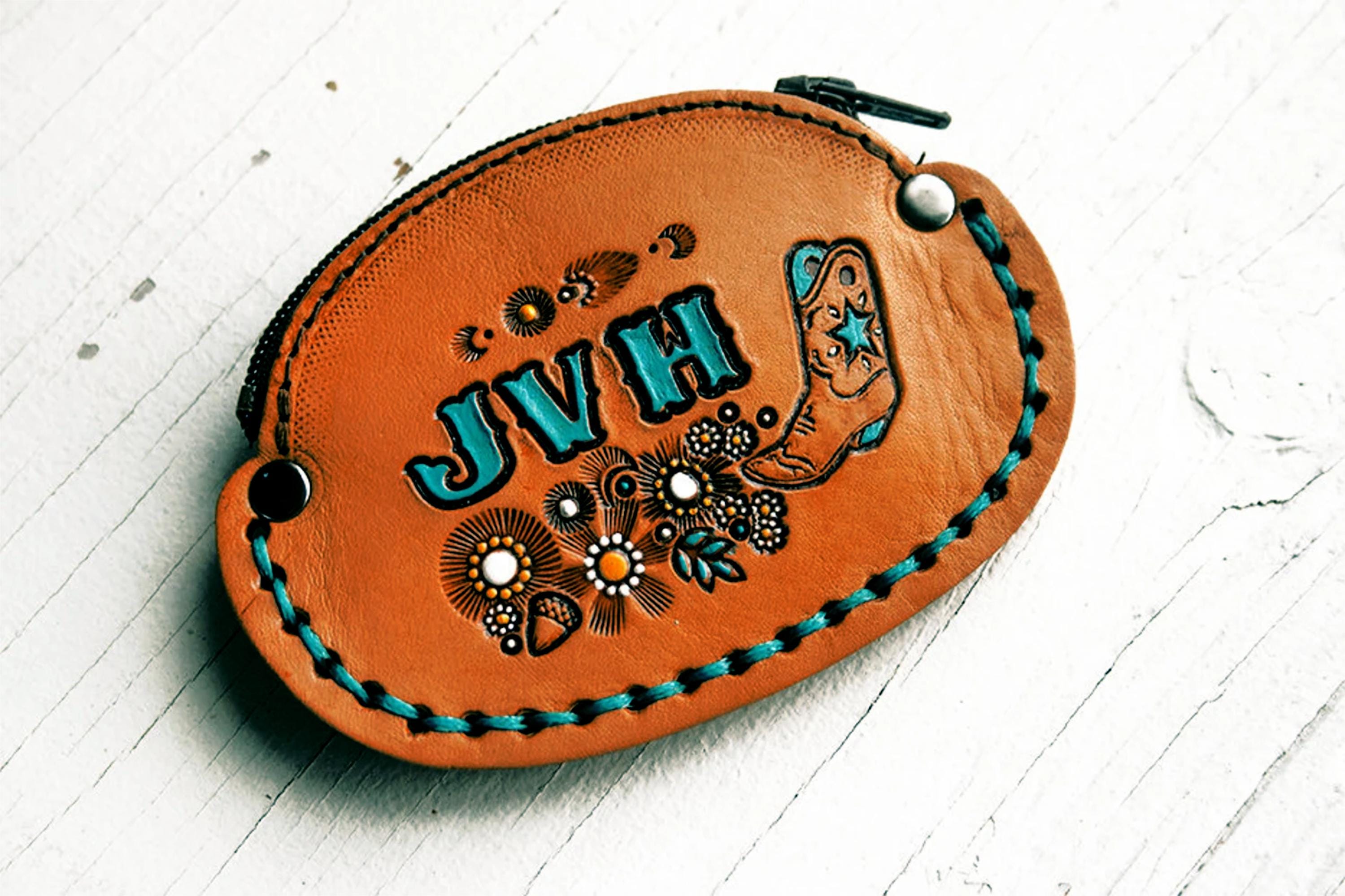 Custom Leather Coin Purse: Cowgirl Boots & Flowers, Personalized ...