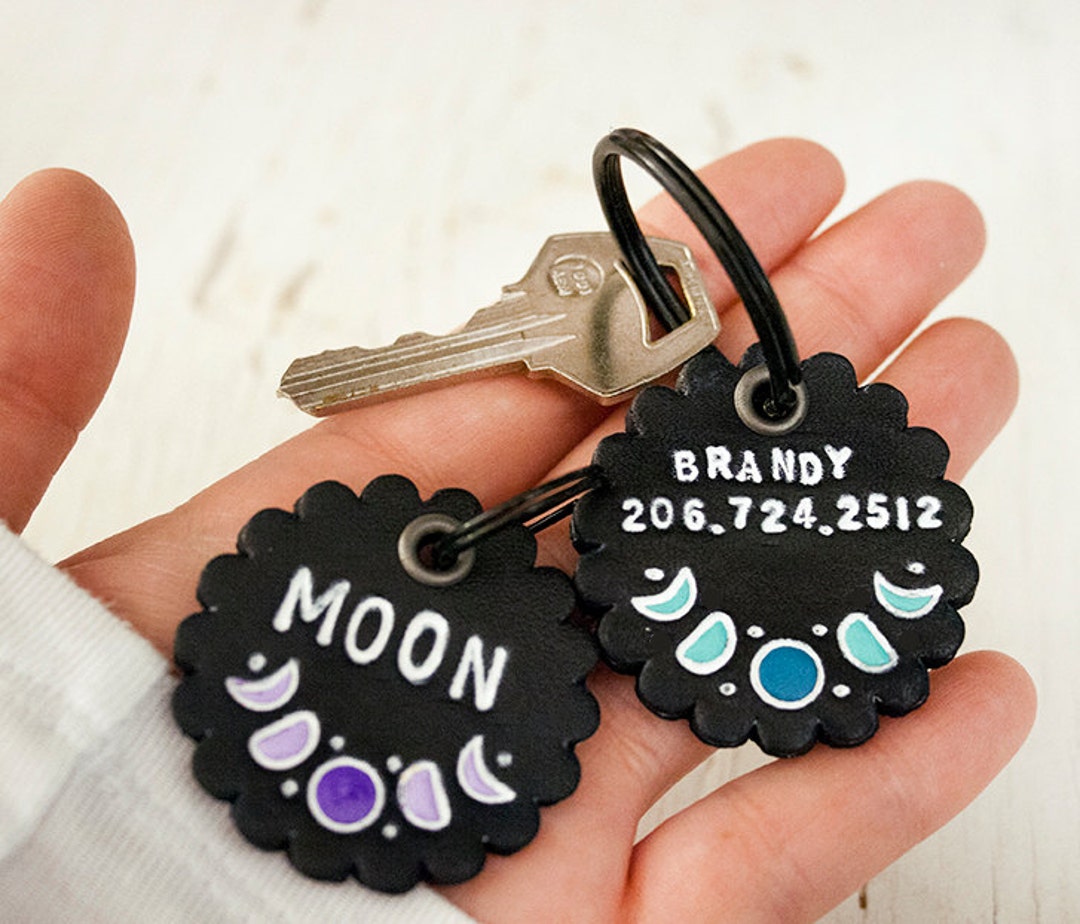 Custom ID Tag Moon Phases Personalized Name and Phone - Etsy