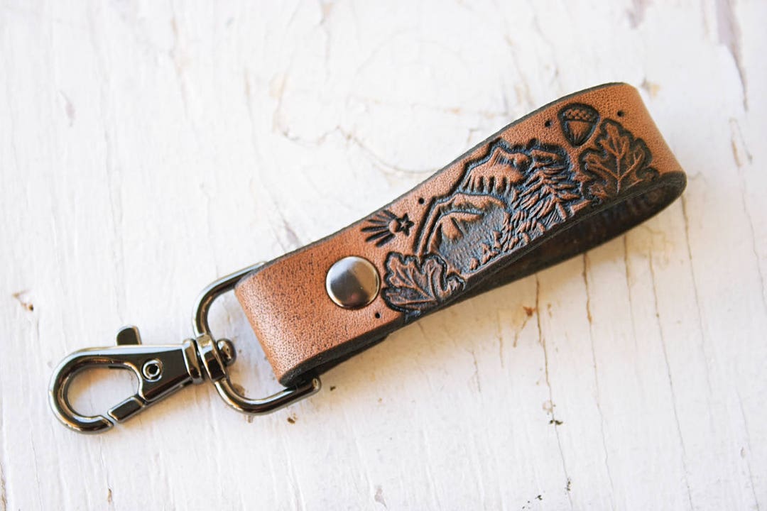 Leather Key Ring - Mountain - Hiking - Pine Trees - Mini Loop Fob - for ...