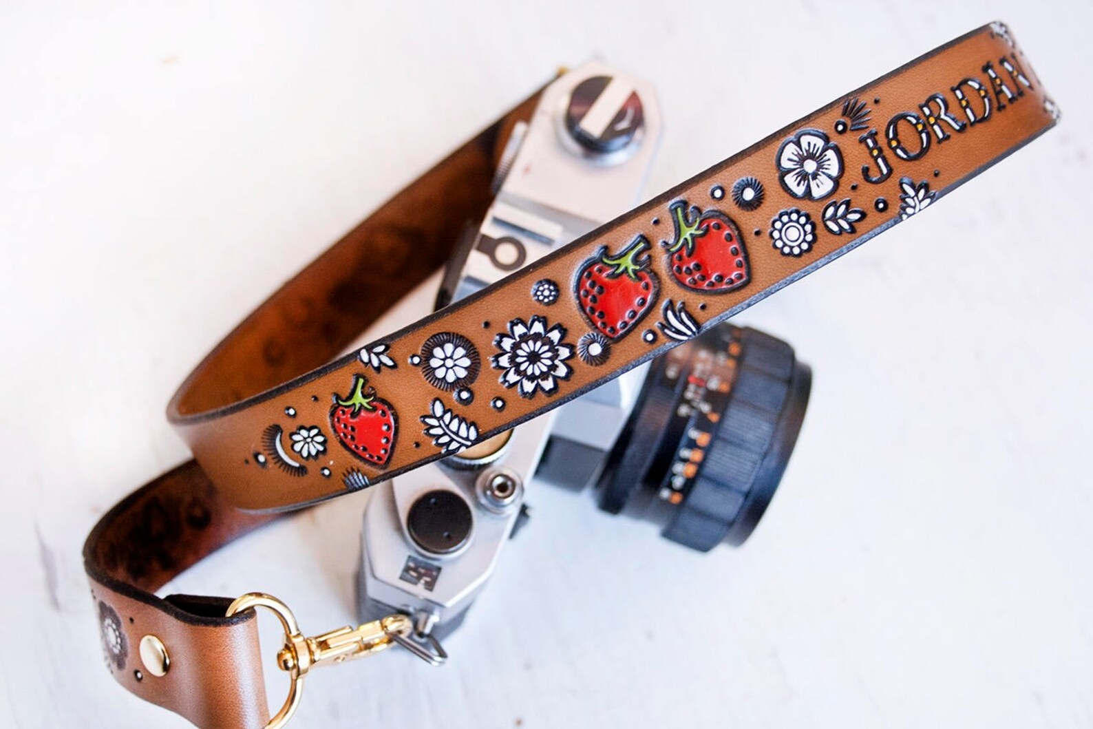 Custom Leather Camera Strap: Strawberries and Wildflowers, Personalized ...
