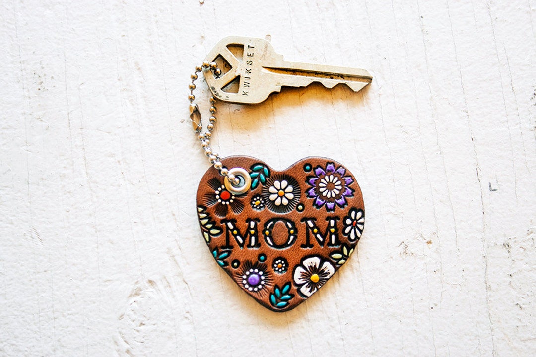 MOM Leather Heart Key Fob - Floral Pattern Keychain - Mother's Day ...