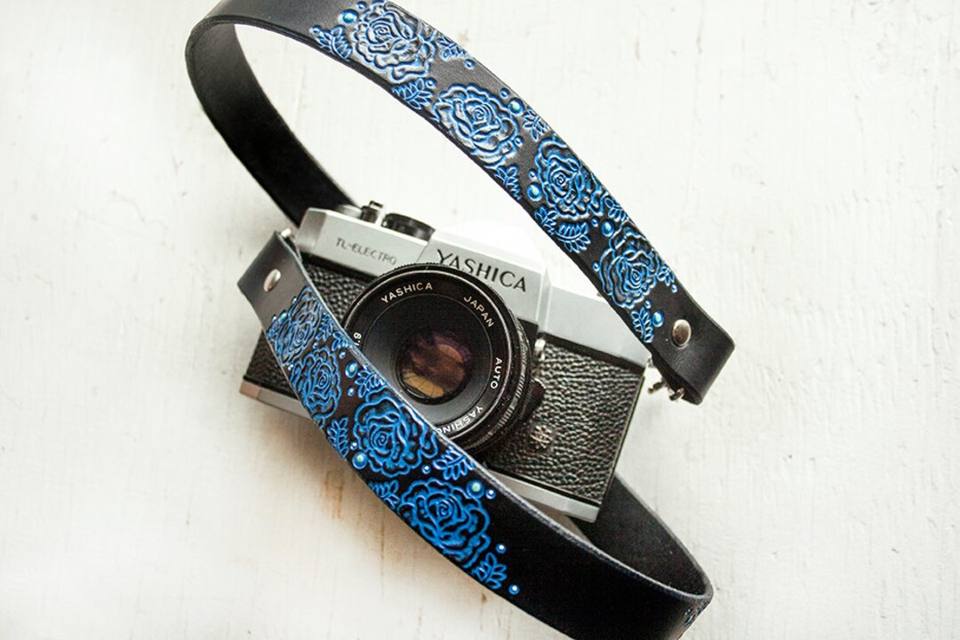 Custom Leather Camera Strap - Blue Roses - Personalized Floral Leather ...