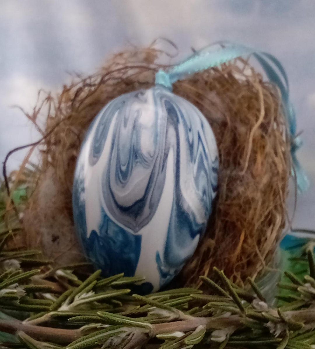Metallic Blue & Silver Swirled Easter Egg Ornamental Egg Fluid Art 138E ...