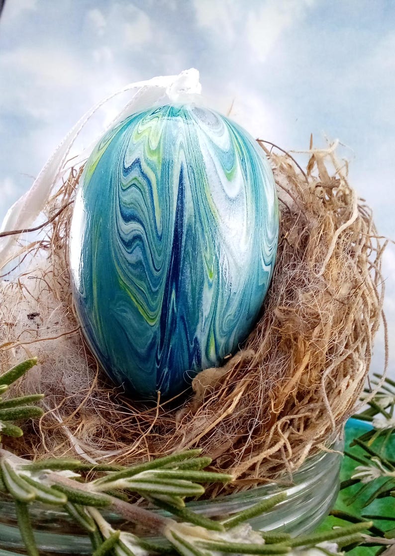 Deep Teal & Silver Granite Inspired Easter Egg Ornamental Egg Fluid Art ...