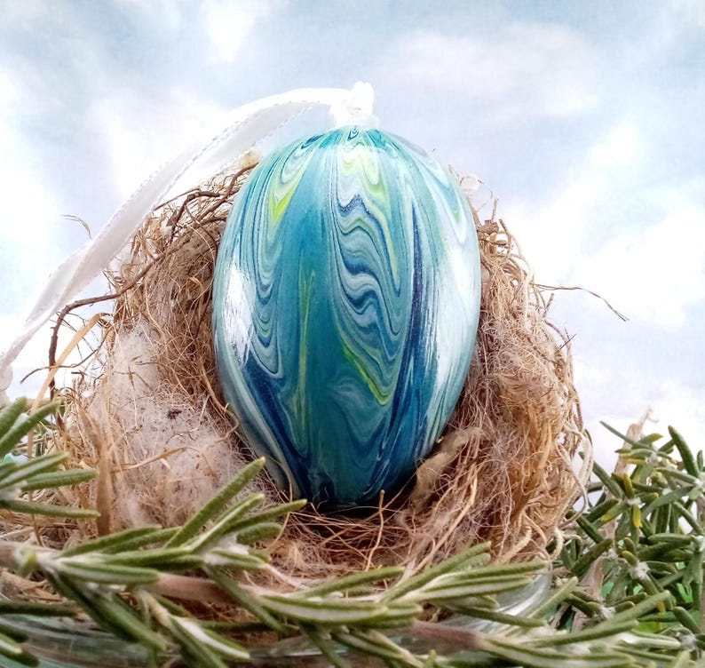 Deep Teal & Silver Granite Inspired Easter Egg Ornamental Egg Fluid Art ...