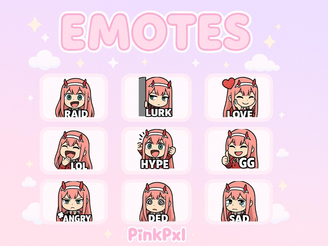 Chibi Zero Two Twitch Emote Pack – 9 Custom Anime Pngs for Stream Chat ...
