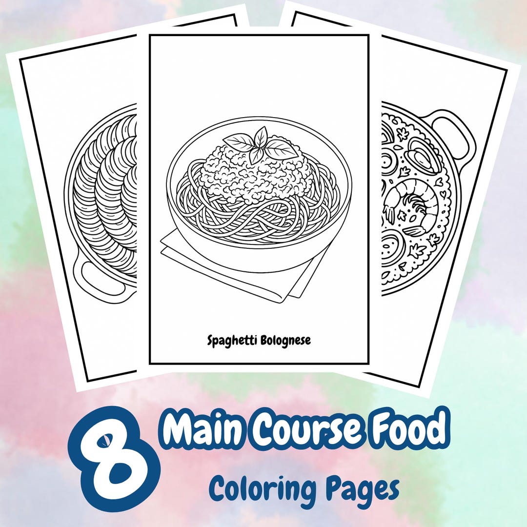 8 Main Course Food Coloring Pages | Printable Line Art | Instant ...