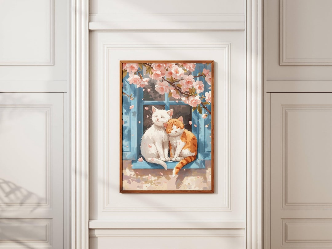 Cute Cats Poster Cat Cuddling Printable Art Blue Windowsill & Cherry ...