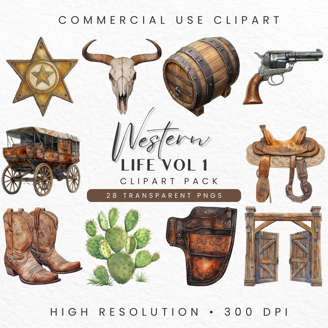 Watercolor Western Clipart Bundle: Wild West Cowboy Pngs (digital ...