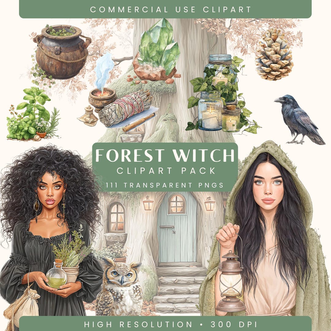 Forest Green Witch Clipart, Watercolor Wicca Witchcraft PNG, Pagan ...