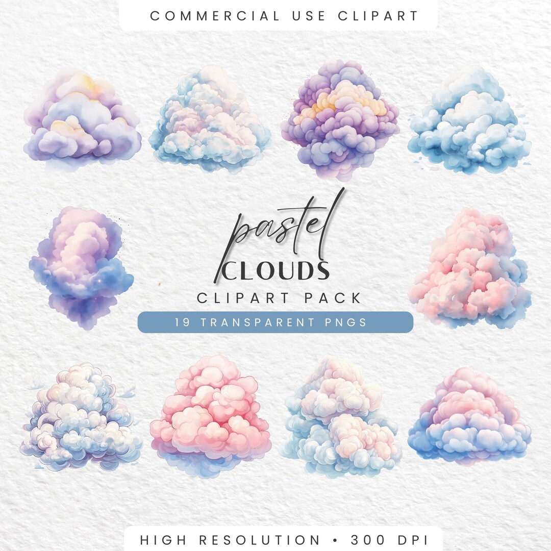 Pastel Clouds Clipart, Watercolor Sky PNG, Digital Download for Nursery ...