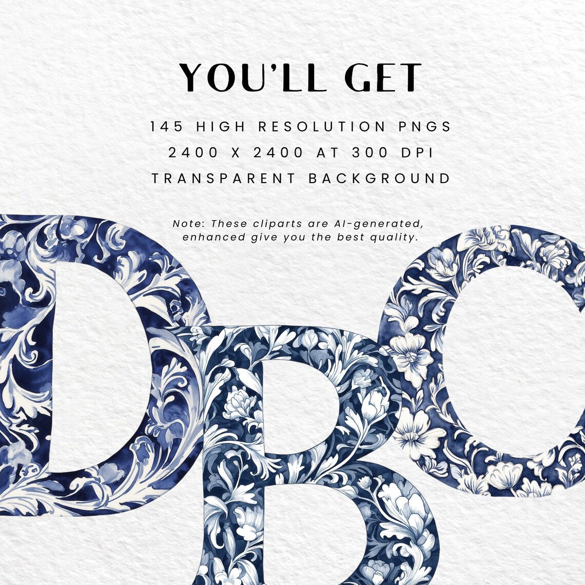 Blue Toile Chinoiserie Letter Clipart: Watercolor Alphabet (digital ...