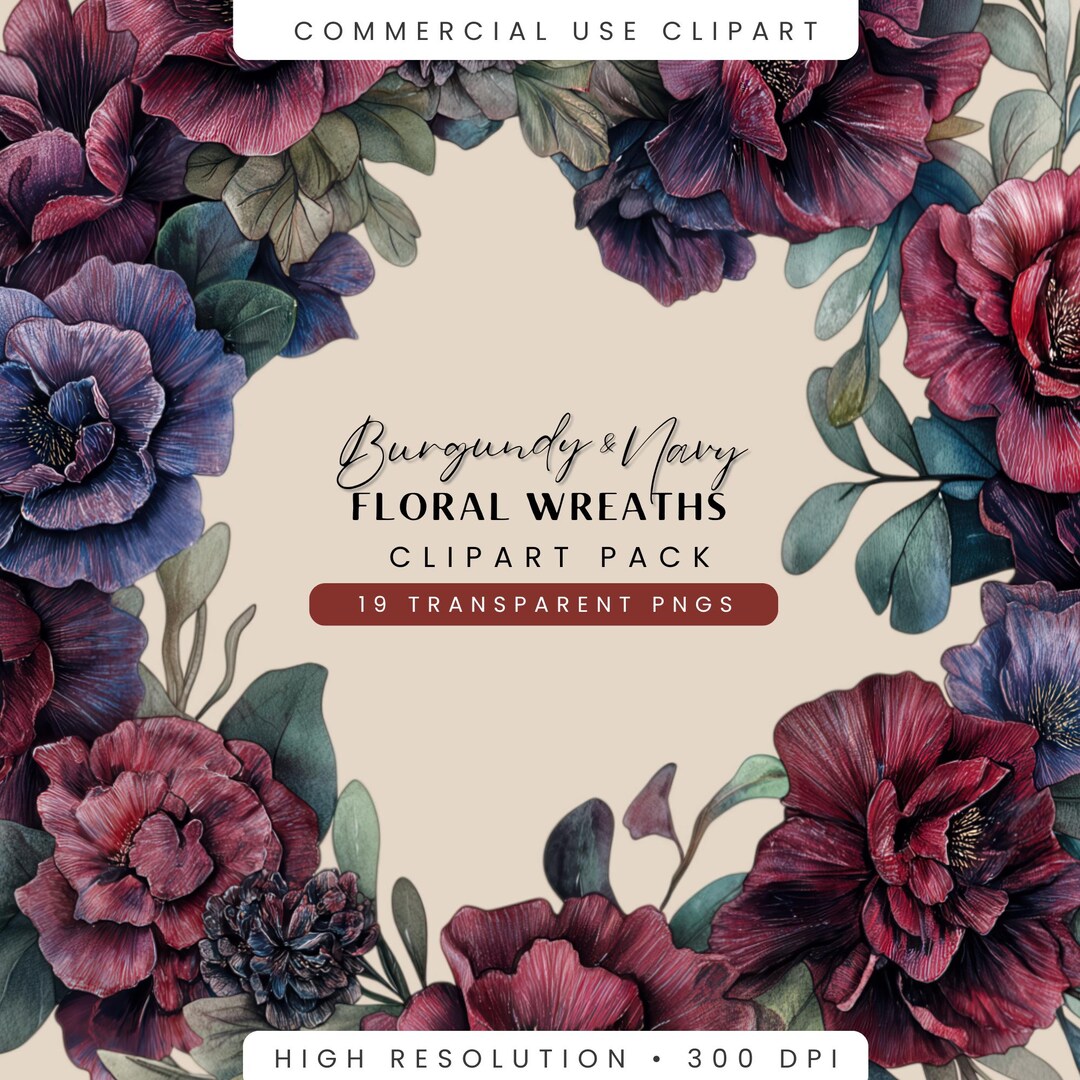 Burgundy Floral Wreaths Clipart, Watercolor Navy Blue Flowers PNG ...