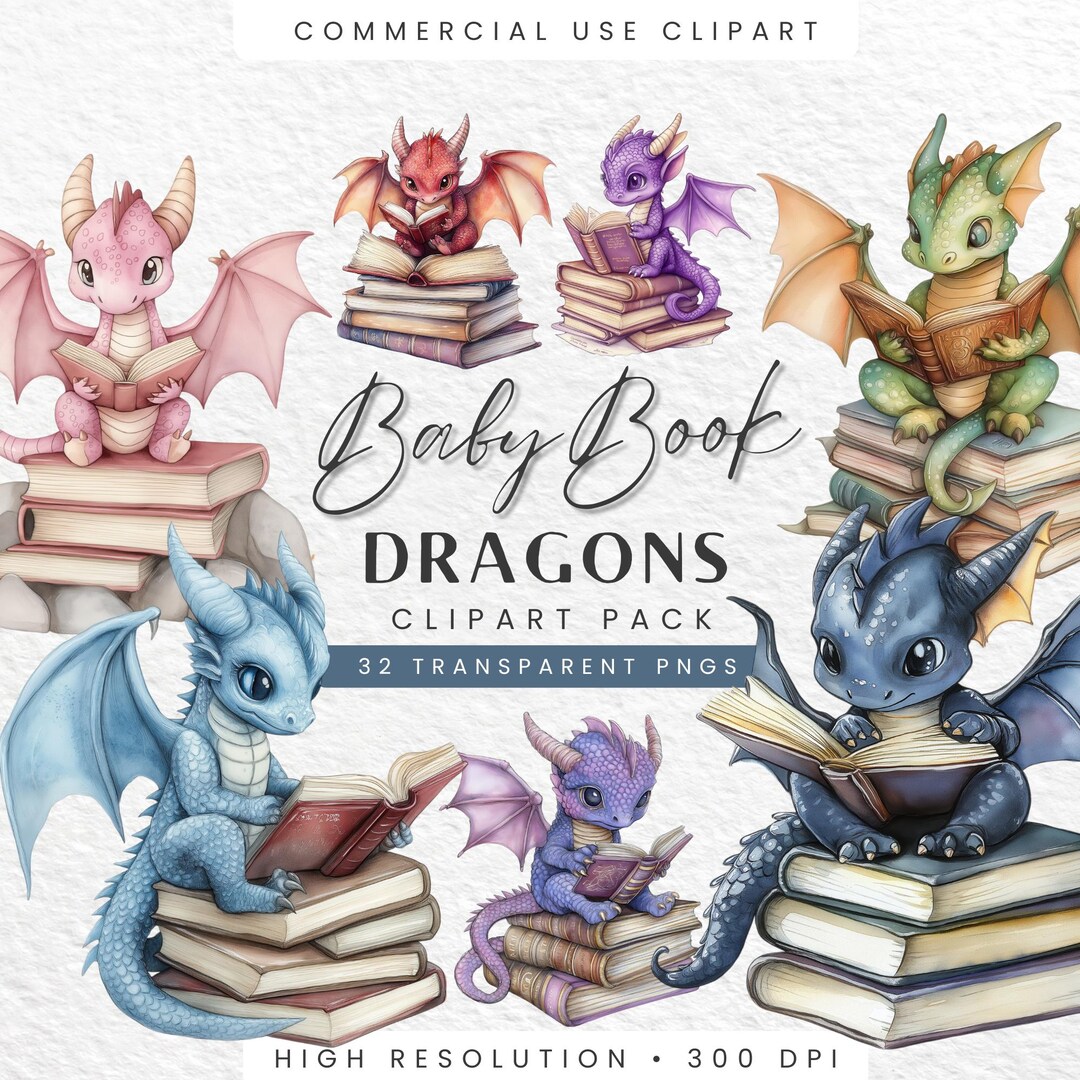 Baby Dragon and Book Clipart Bundle, Fantasy Watercolor Graphics ...