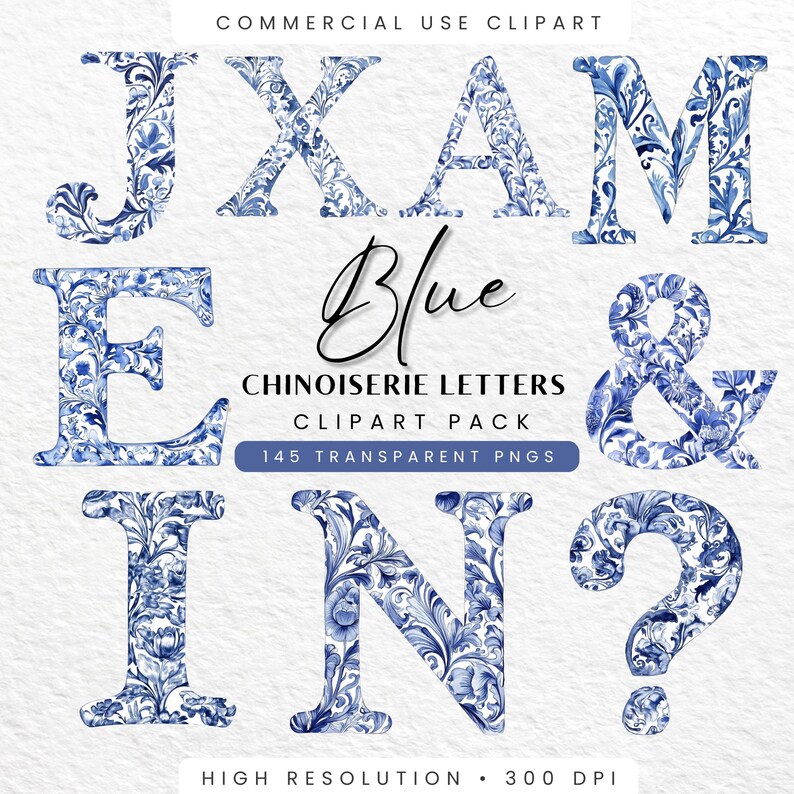 Blue Toile Chinoiserie Letter Clipart: Watercolor Alphabet (digital ...