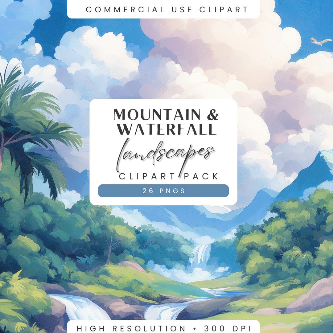 Watercolor Mountain & Waterfall Clipart: Landscape PNG Bundle (digital ...