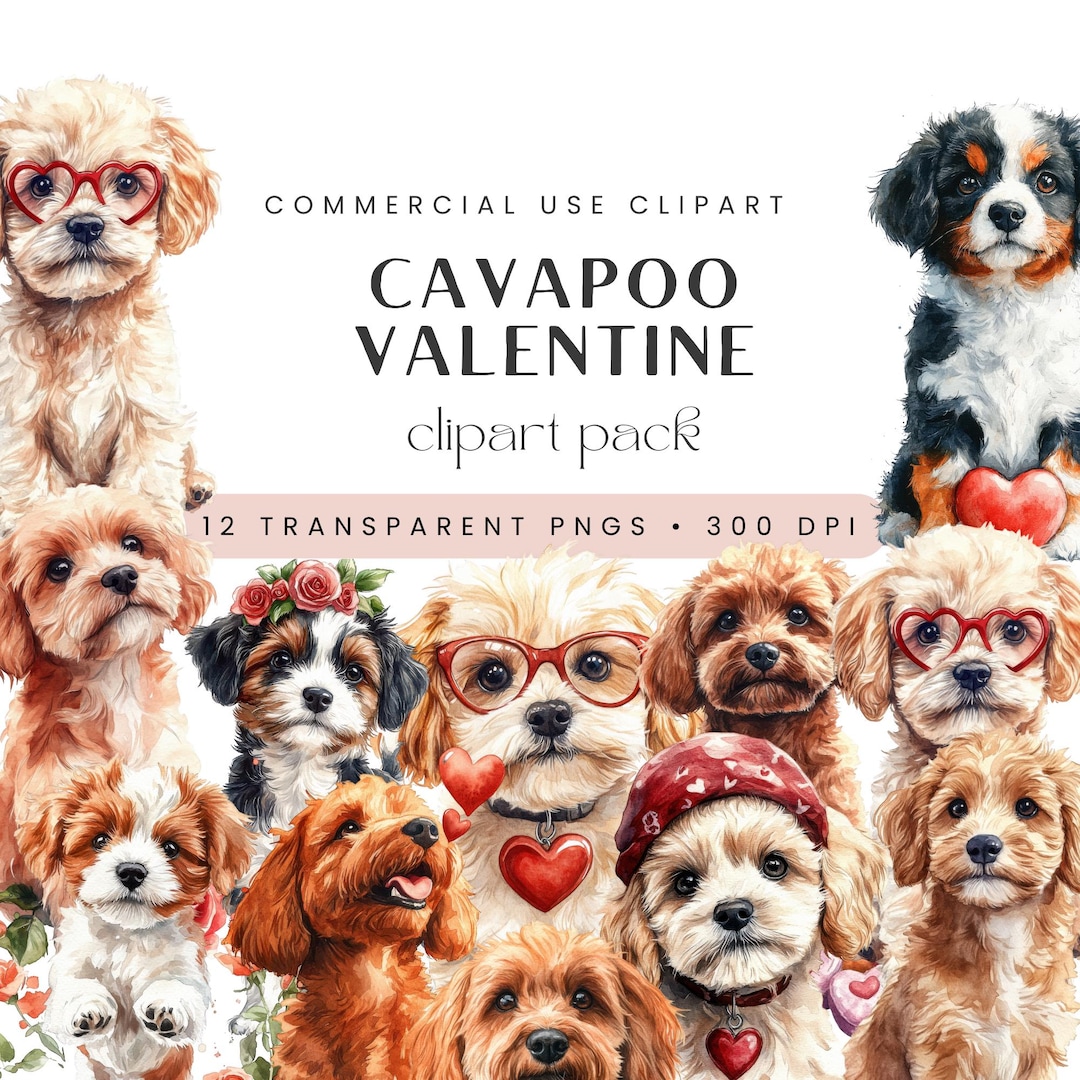 Cavapoo Clipart, Watercolor Valentine PNG, Cute Dog Breed Portraits ...