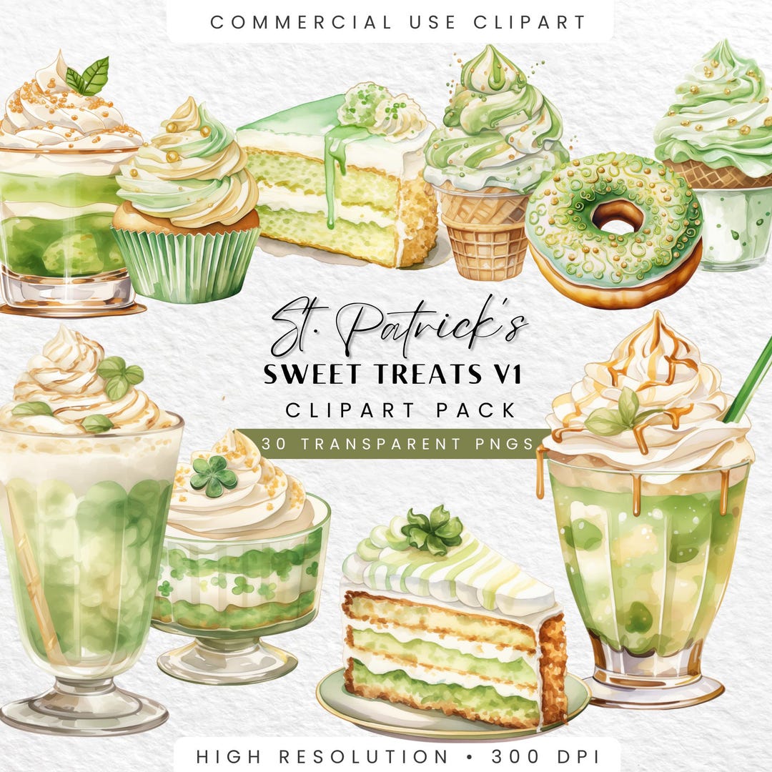 St. Patrick's Day Sweets Clipart Bundle: Green Cakes, Donuts, Drinks ...