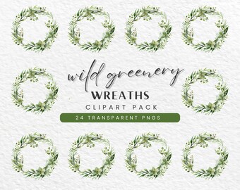 Watercolor Greenery Wreath Clipart: Botanical PNG Bundle (digital ...
