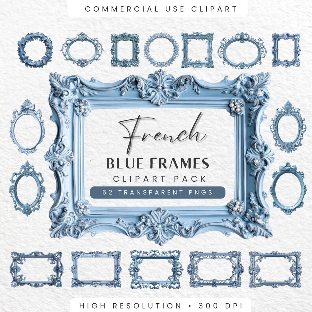 French Blue Frames Clipart: Vintage Floral PNG Borders (digital ...
